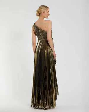 Mac Duggal Metallic One Shoulder Gown With High-low Ruffle Skirt