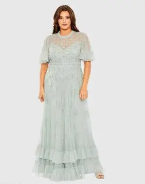 Mac Duggal Embellished Flutter Sleeve Tiered Gown - Sage