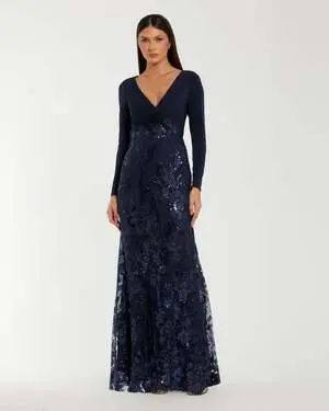 Mac Duggal Embellished Long Sleeve Wrap Over Trumpet Gown