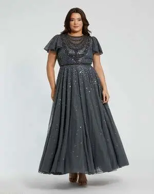 Mac Duggal Embellished Flutter Sleeve Evening Gown