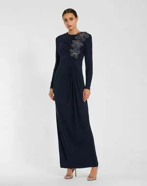 Mac Duggal Jersey Long Sleeve Fitted Gown With 3d Flowers