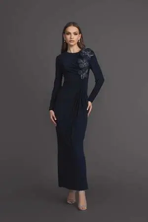 Mac Duggal Jersey Long Sleeve Fitted Gown With 3d Flowers