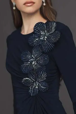 Mac Duggal Jersey Long Sleeve Fitted Gown With 3d Flowers