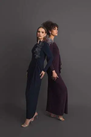 Mac Duggal Jersey Long Sleeve Fitted Gown With 3d Flowers