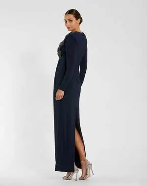 Mac Duggal Jersey Long Sleeve Fitted Gown With 3d Flowers