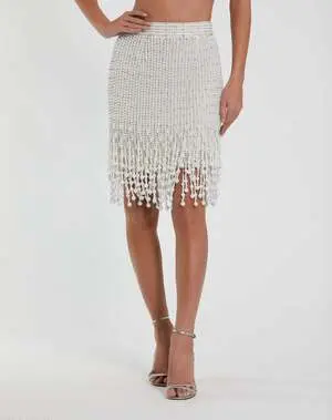 Mac Duggal White Pearl Beaded Mini Skirt