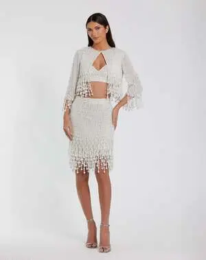 Mac Duggal White Pearl Beaded Mini Skirt