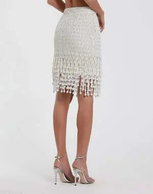 Mac Duggal White Pearl Beaded Mini Skirt