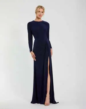 Mac Duggal Fitted Jersey Gown With Ruching And Slit - Midnight