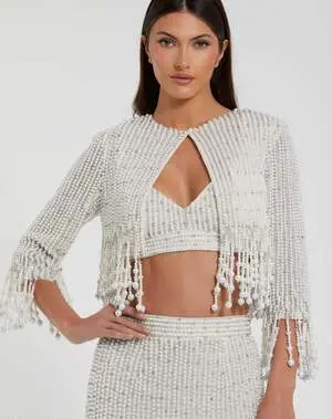 Mac Duggal White Pearl Beaded Cropped Jacket