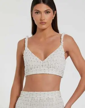 Mac Duggal White Pearl Beaded Bra Top