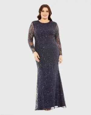 Mac Duggal Long Sleeve Embellished Mesh Gown