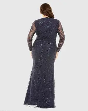 Mac Duggal Long Sleeve Embellished Mesh Gown