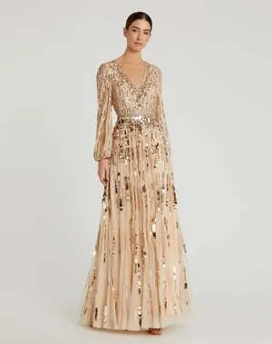 Mac Duggal Embellished Mesh Long Sleeve Gown