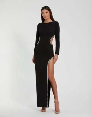 Mac Duggal Crepe Long Sleeve Gown With Beaded Cut-outs - Black