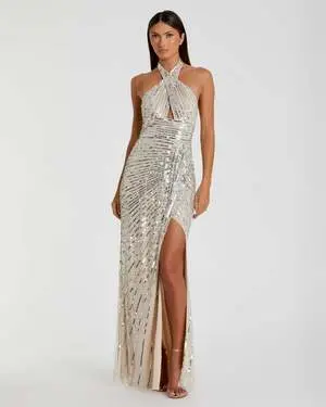 Mac Duggal Sequin Halter Keyhole Column Gown - Sand/silver