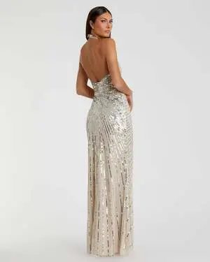 Mac Duggal Sequin Halter Keyhole Column Gown - Sand/silver