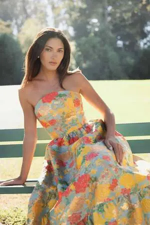 Mac Duggal Floral Brocade Strapless Maxi Dress - Turquoise Multi
