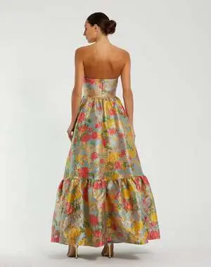 Mac Duggal Floral Brocade Strapless Maxi Dress - Turquoise Multi