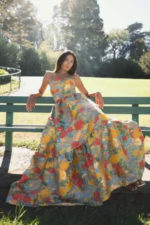 Mac Duggal Floral Brocade Strapless Maxi Dress - Turquoise Multi