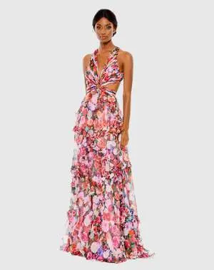 Mac Duggal Floral Printed Sleeveless Gown