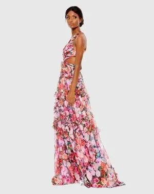 Mac Duggal Floral Printed Sleeveless Gown