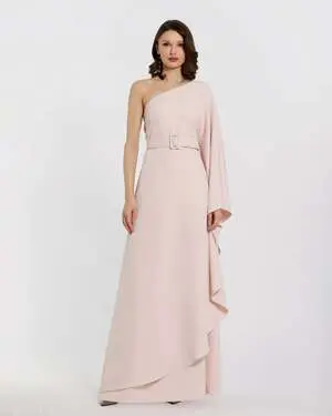 Mac Duggal Crepe One-shoulder Belted Kaftan Gown