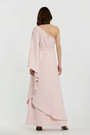 Mac Duggal Crepe One-shoulder Belted Kaftan Gown
