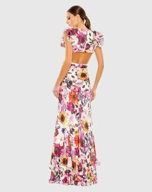 Mac Duggal Floral Print Ruffle Shoulder Cut Out Gown