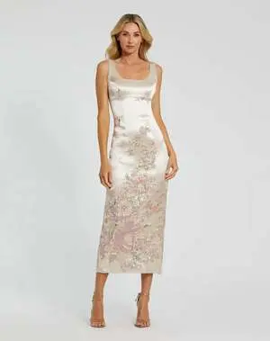 Mac Duggal Slim Strap Scoop Neck Bustier Brocade Midi Dress - Champagne Multi