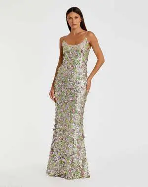 Mac Duggal Floral Paillette Embellished Mesh Gown - Pastel Multi