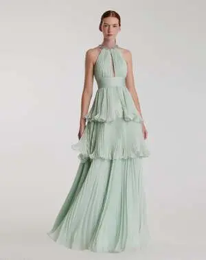Mac Duggal Chiffon Tiered Gown With Beaded High Neckline - Mint