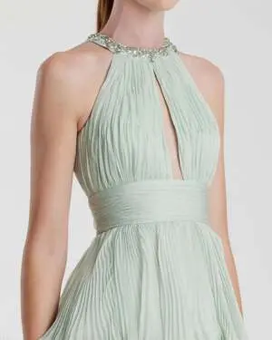 Mac Duggal Chiffon Tiered Gown With Beaded High Neckline - Mint