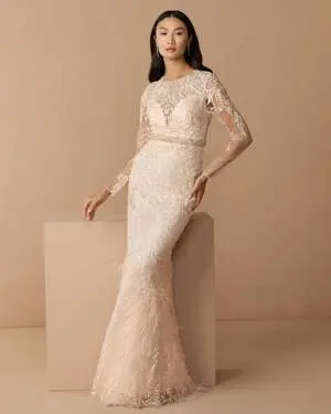 MAC DUGGAL COLLECTION Embroidered Long Sleeve Gown With Feather Hem - Blush