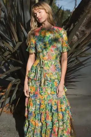 Mac Duggal Floral Tiered Ruffle Chiffon Maxi Dress - Green