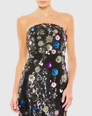Mac Duggal Floral Sequin Embellished Strapless Column Gown