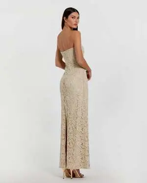 Mac Duggal Strapless Beaded Lace Column Gown