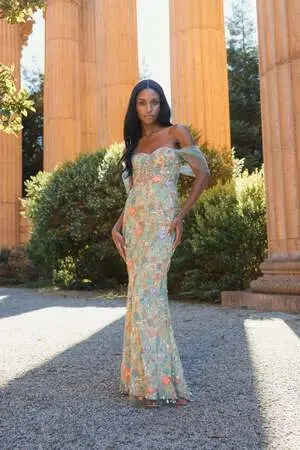 Mac Duggal Off-the-shoulder Embroidered Floral Column Gown - Sage Multi