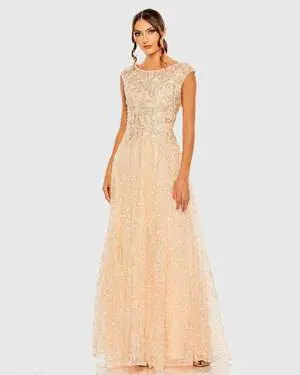 Mac Duggal Embroidered Lace Gown - Peach
