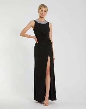 Mac Duggal Jersey Sleeveless Gown With Beaded Neck And Twist - Black