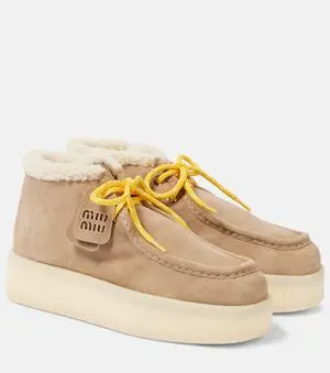 Miu Miu Shearling-lined Leather Platform Ankle Boots - Beige