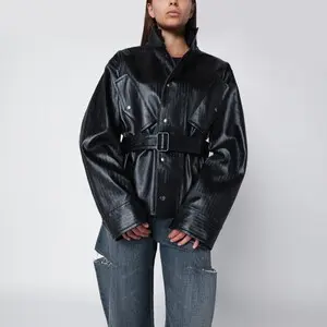 MAISON MARGIELA Cotton Laminated Belted Jacket - Black
