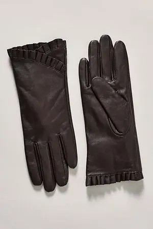 Anthropologie Ruffle Leather Gloves Brown