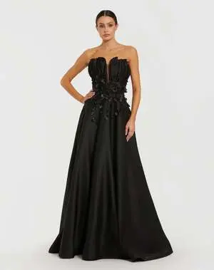 Strapless Satin Floral Embellished Ball Gowns