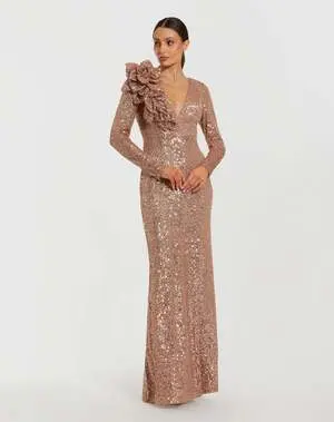 Mac Duggal Long Sleeve Sequin Gown With Floral Detail - Copper