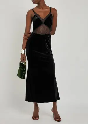 NEVER FULLY DRESSED Lace-embellished Velvet Midi Dress