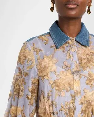 Kobi Halperin Evans Floral-print Cotton Midi Shirtdress - Sky Multi