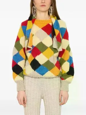 ANNTIAN Diamond-pattern Handknit Sweater With Attached Scarf - Yellow