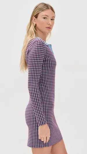 LE BOP Gingham Knit Polo Mini Dress - Burgundy/light Blue
