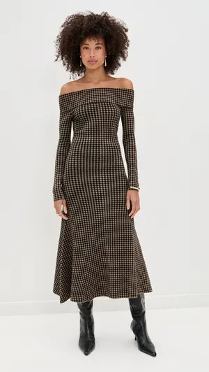 LE BOP Gingham Knit Off-shoulder Midi Dress - Chocolate/black